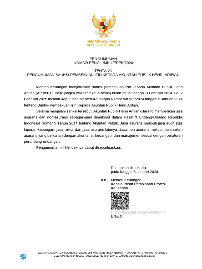 Sanksi Akuntan Publik Henri Arifian AP.0561 Tahun 2024-2025 KAP Henri ...