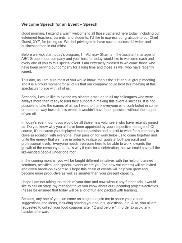 Welcome Speech For An Event | PDF