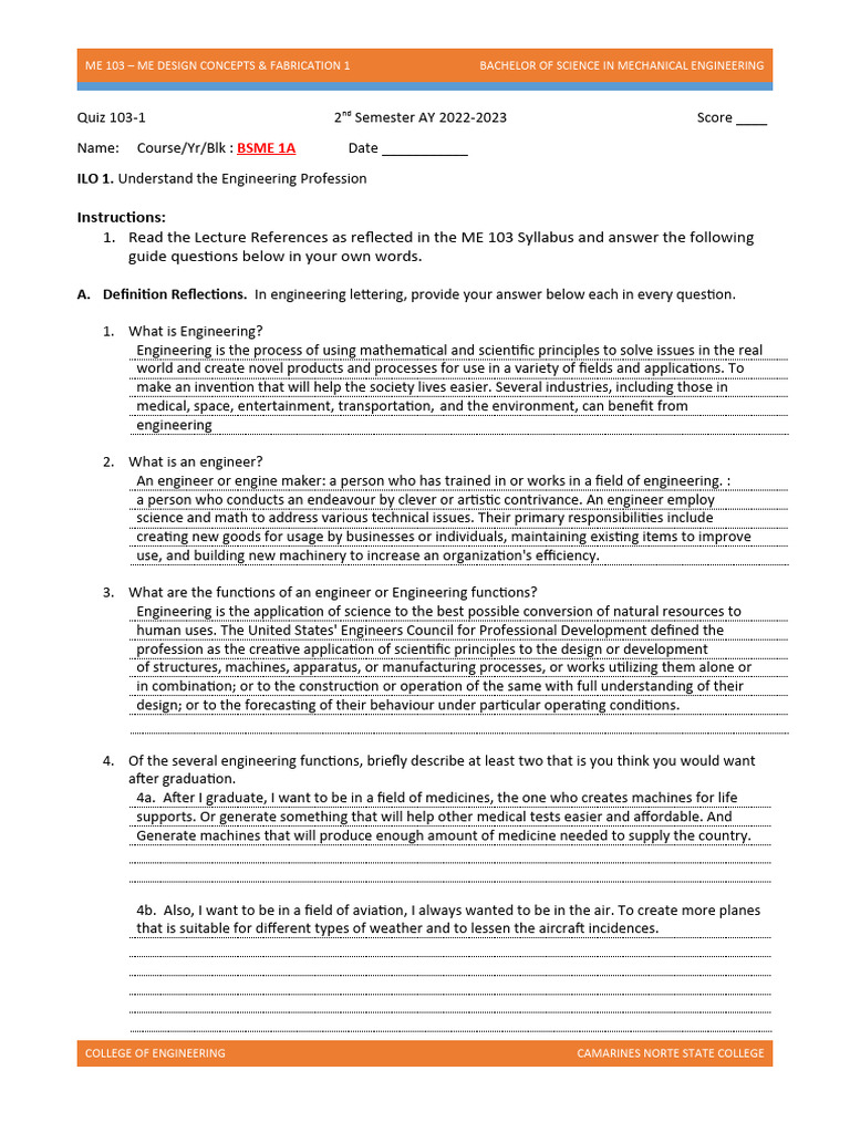 Quiz-103-1 | PDF | Engineering | Engineer