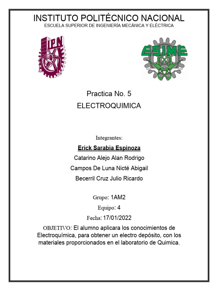 Practica Quimica 5 | PDF | Electrodo | Electroquímica