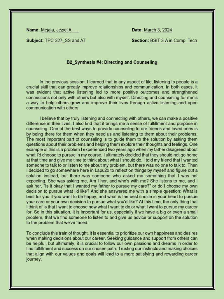 Synthesis #4 Directing and Counseling | PDF