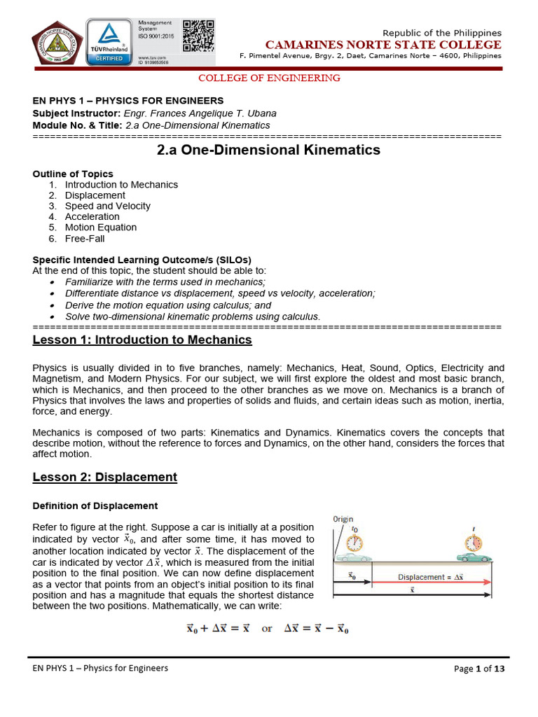 02a Kinematics (One Dimension) | PDF | Acceleration | Velocity