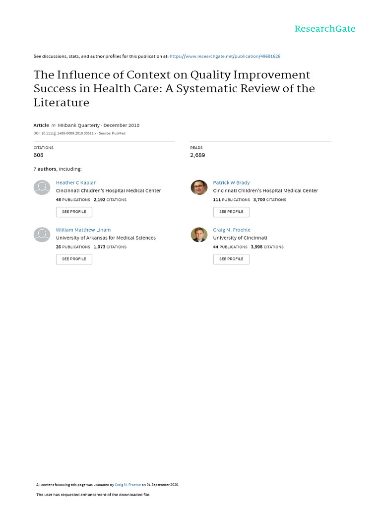 The in Uence of Context On Quality Improvement Success in Health Care ...