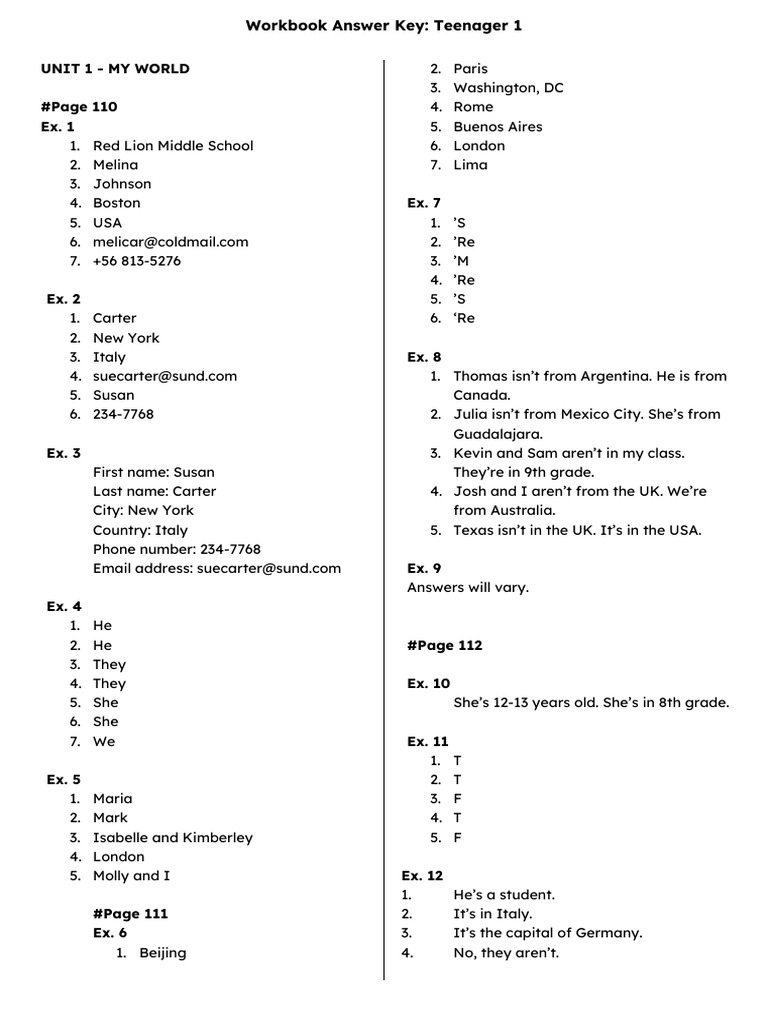 Teenager 1 Workbook Answer Key | PDF | Organisms
