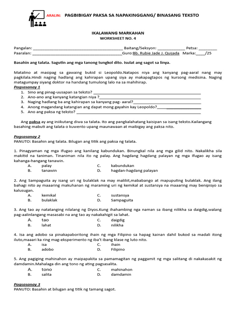 Filipino 4 q2 Aralin Pagbibigay NG Paksa | PDF