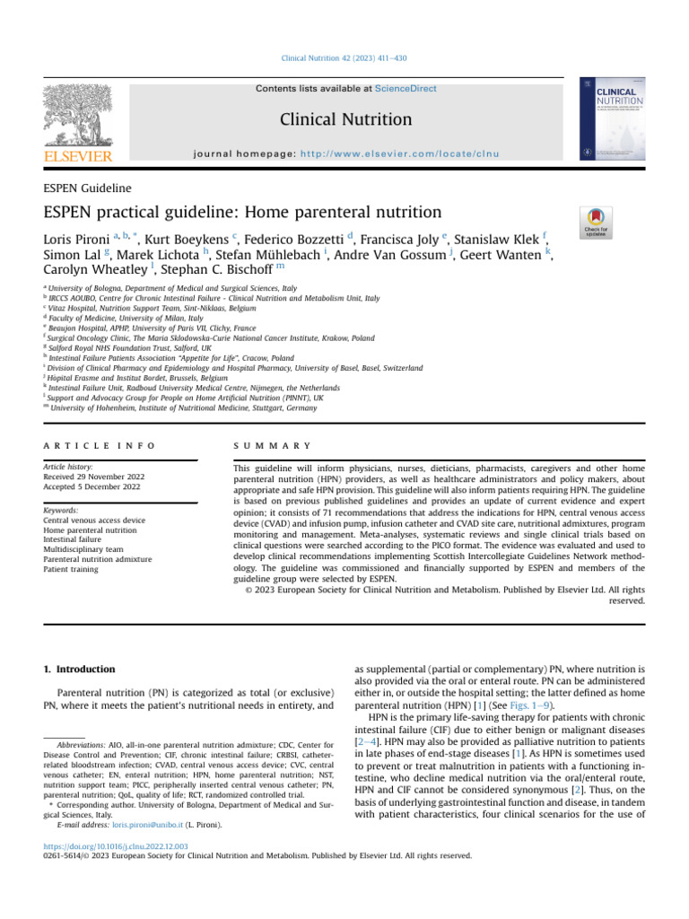 ESPEN Practical Guideline Home Parenteral Nutrition | PDF | Intravenous Therapy | Cancer