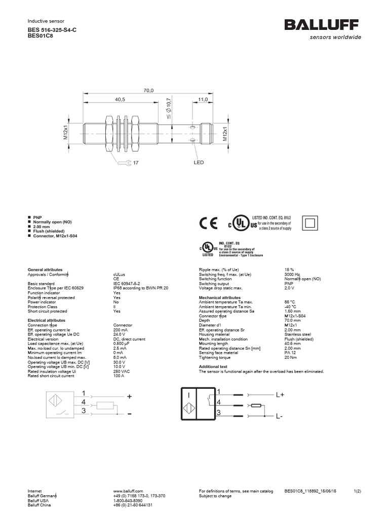 Balluff BES 516-325-S4-C BES01C8 | PDF | Switch | Electrical Connector