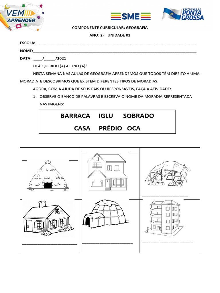 Atividade Unidade 1 Tipos De Moradias Pdf