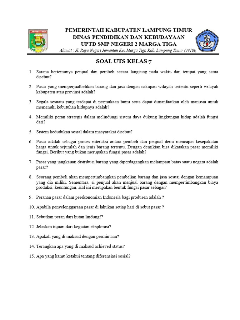 Soal UTS IPS Kelas 7 SMP Marga Tiga | PDF