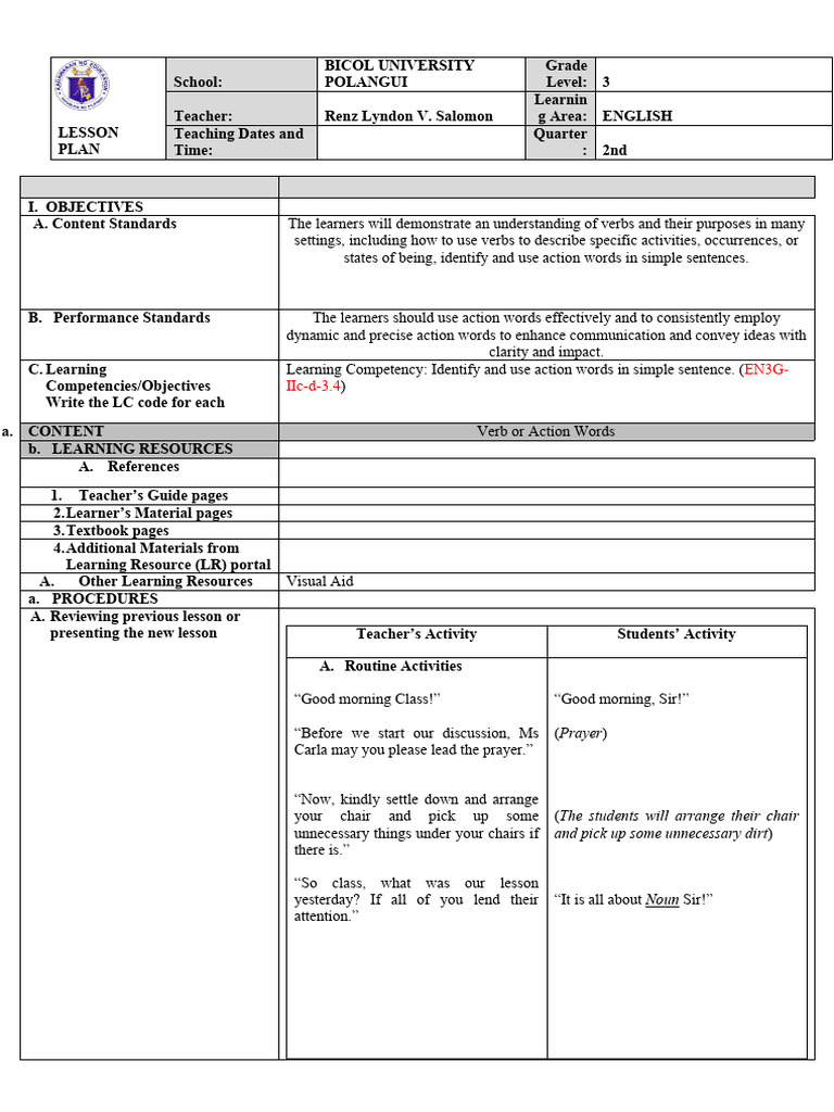 Grade 3 English Lesson Plan on Verbs | PDF | Learning | Subject (Grammar)