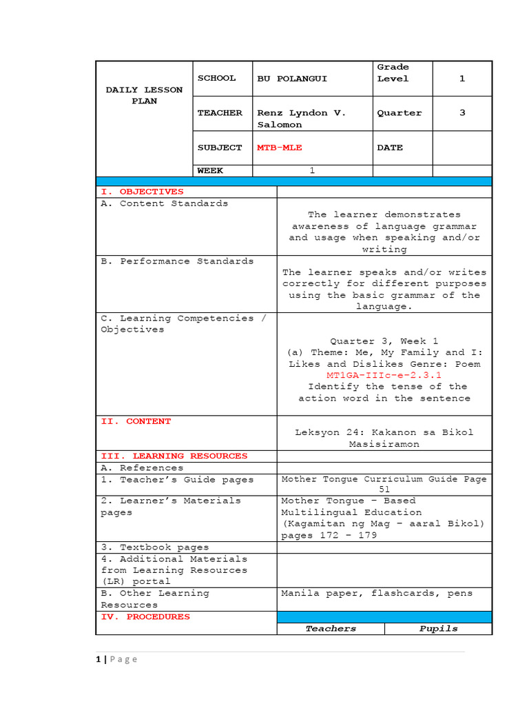 Daily Lesson Plan Template Mtb Mle | PDF