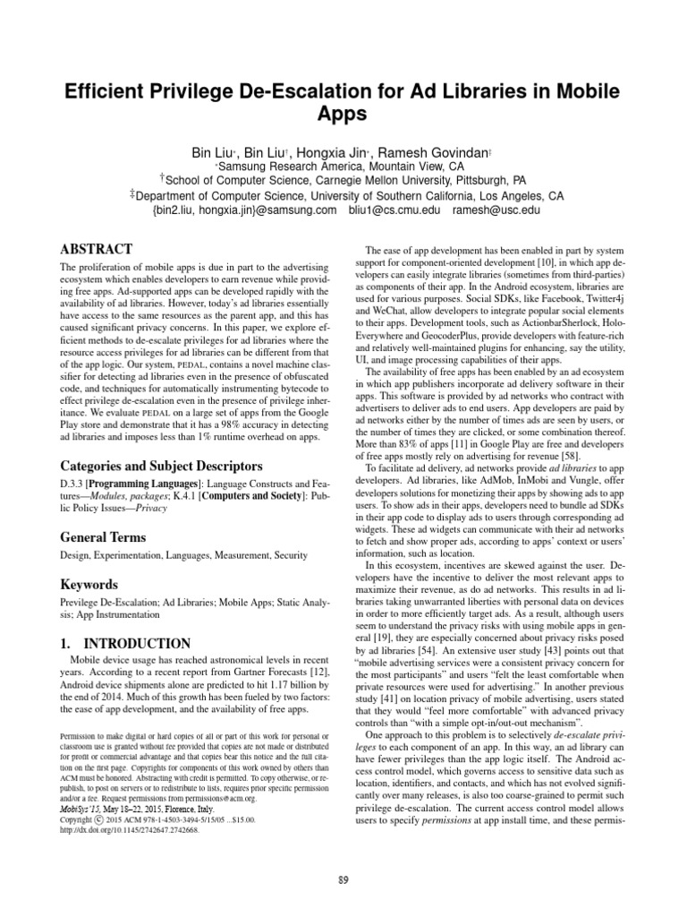 Efficient Privilege De-Escalation For Ad Libraries in Mobile Apps | PDF | Android (Operating ...