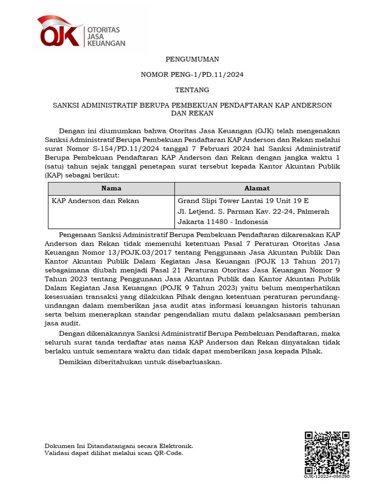 Sanksi OJK KAP Anderson Dan Rekan Tahun 2024 | PDF