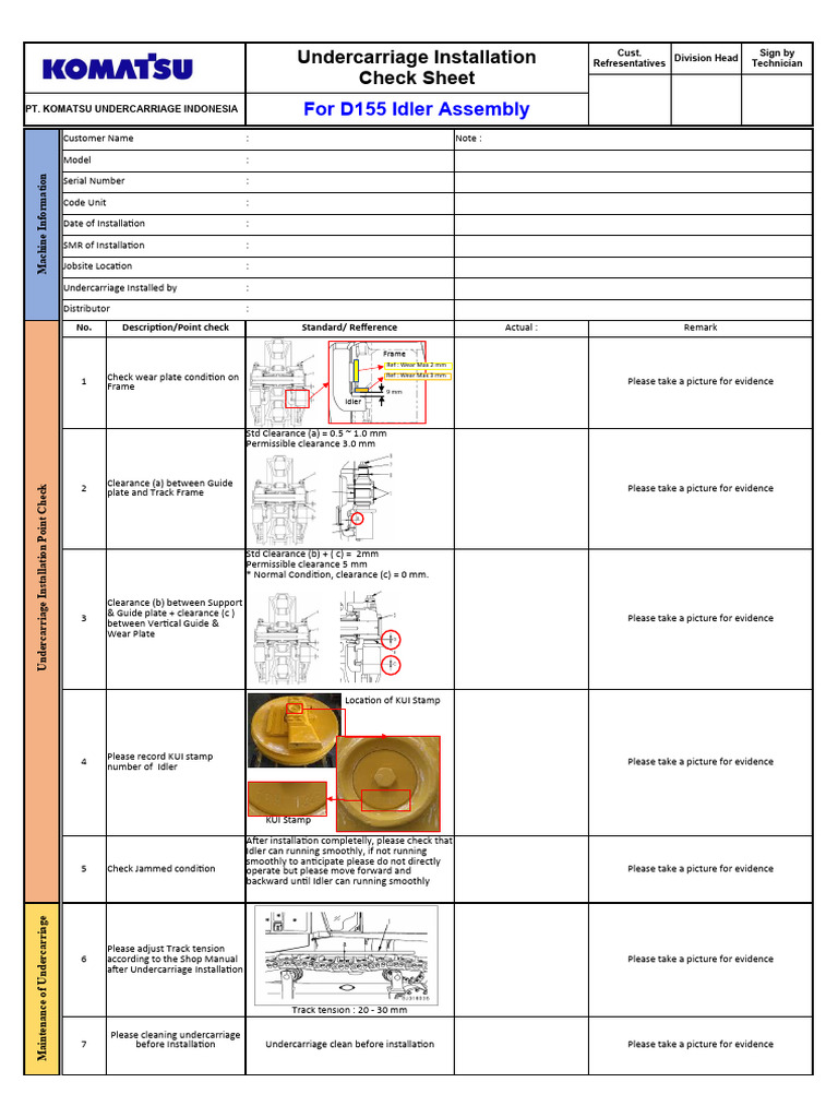 D155 Idler Installation Checksheet - Rev1 | Download Free PDF | Manufactured Goods