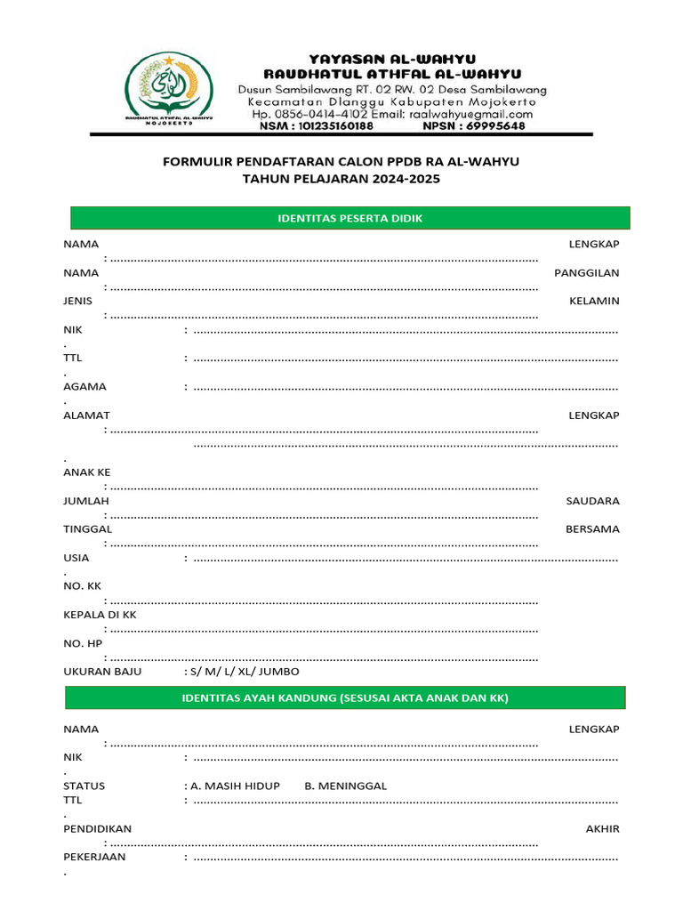 FORMULIR PENDAFTARAN PPDB RA AL WAHYU 2024-2025 | PDF
