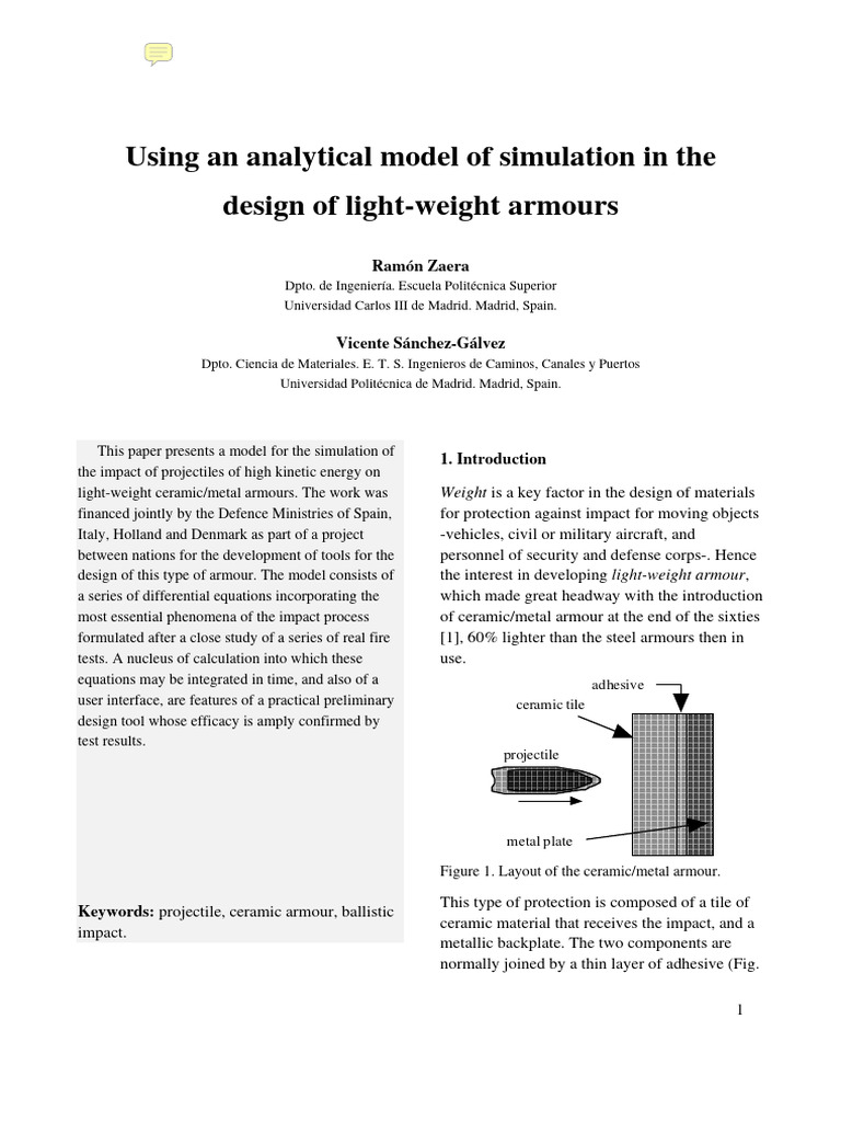 Using An Analytical Model of Simulation in The Design of Light-Weight Armours | PDF | Applied ...