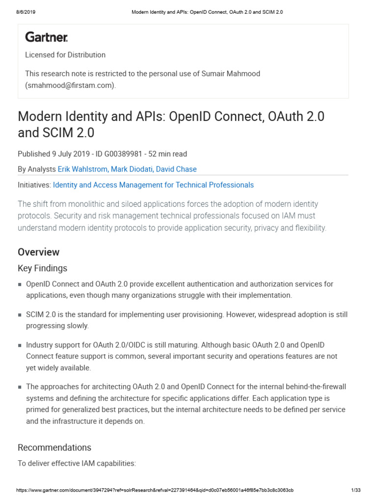 Modern Identity and APIs - OpenID Connect, OAuth 2.0 and SCIM 2.0 | PDF