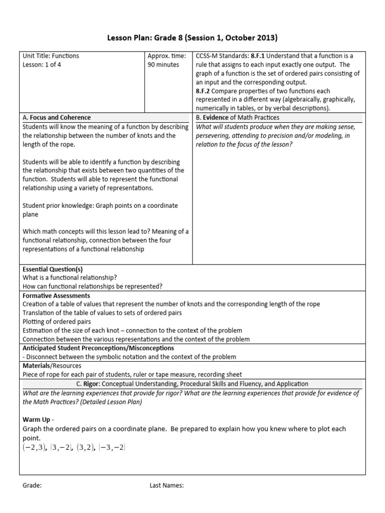 Grade 8 Functions Lesson Plan | PDF | Function (Mathematics) | Mathematics