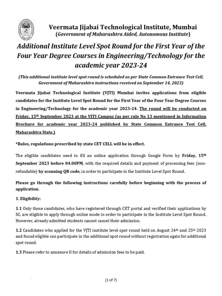 Vjti - Additional - Institute Level Spot Round Admission Notification - Ay2023 24. | PDF ...