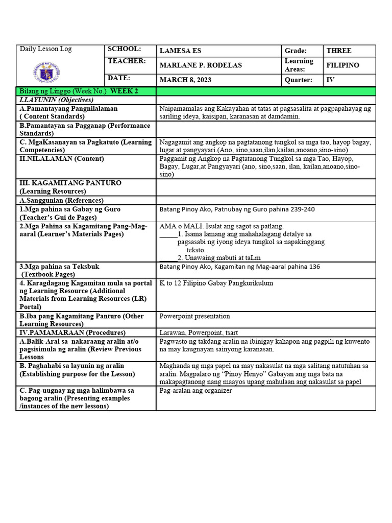 Filipino DLL Q4 WK2 D1 | PDF