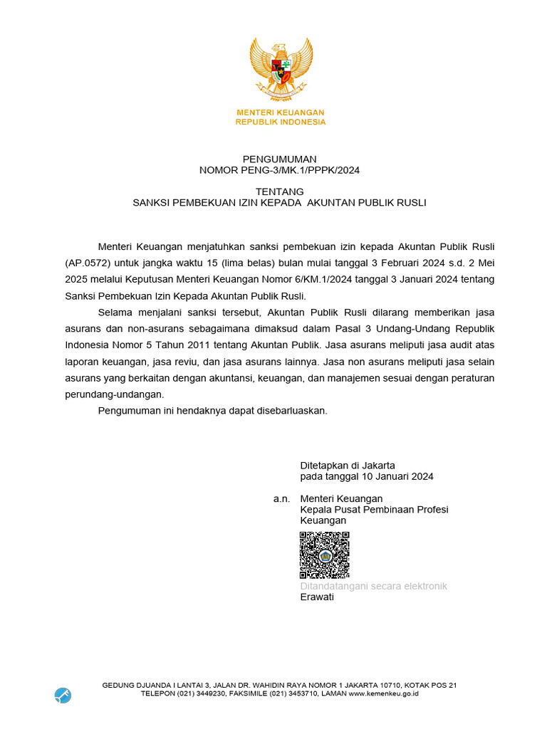 Sanksi Akuntan Publik Rusli AP.0572 Tahun 2024-2025 KAP Amir Abadi Jusuf, Aryanto, Mawar Dan ...