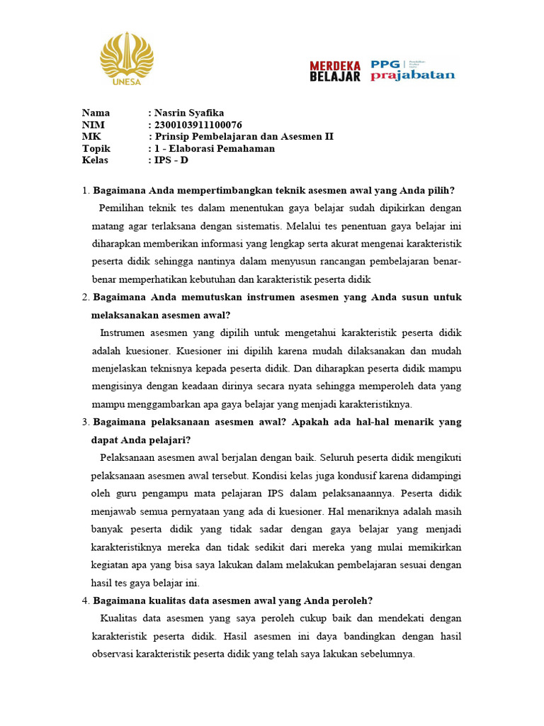 Elaborasi Pemahaman Asesmen T1 - Nasrin Syafika | PDF