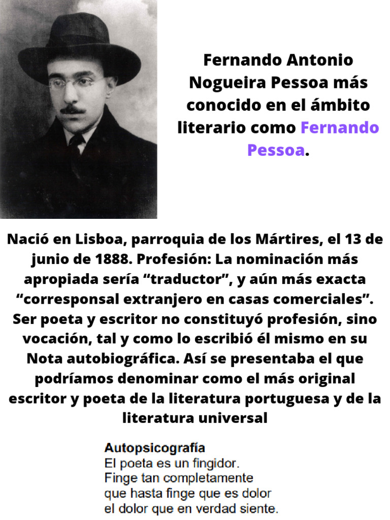 Fernando Antonio Nogueira Pessoa Más Conocido en El Ámbito Literario ...