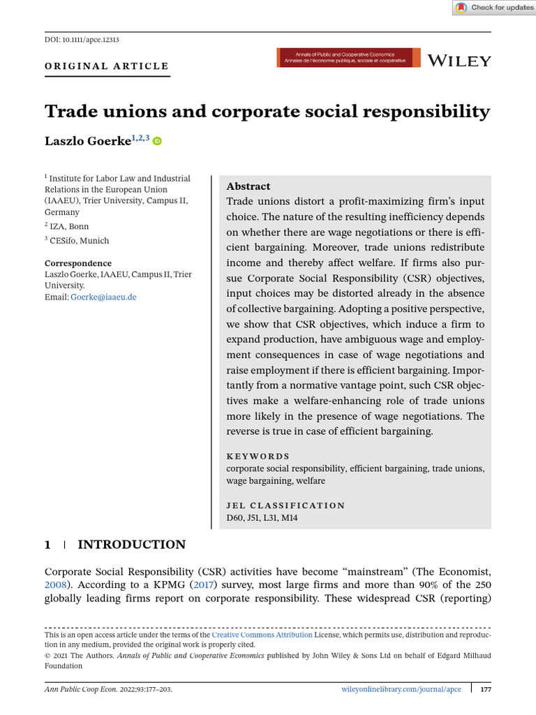 Ann Public Coop Econ - 2021 - Goerke - Trade Unions and Corporate Social Responsibility | PDF ...