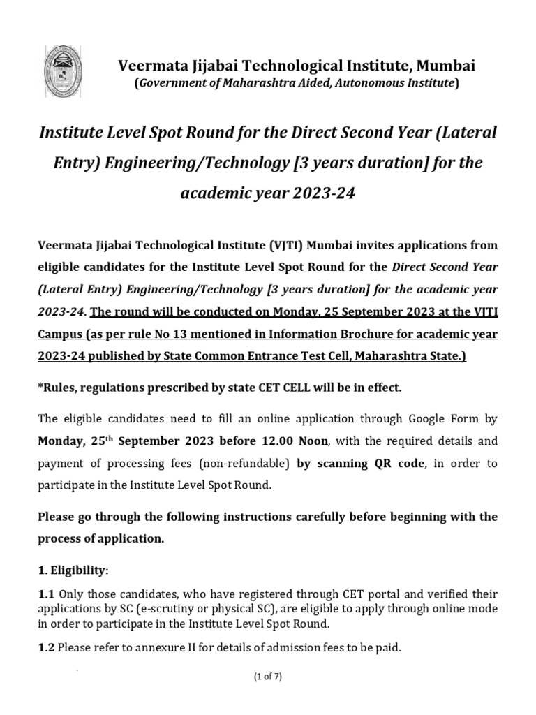 VJTI 2023-24 Lateral Entry Spot Round | PDF