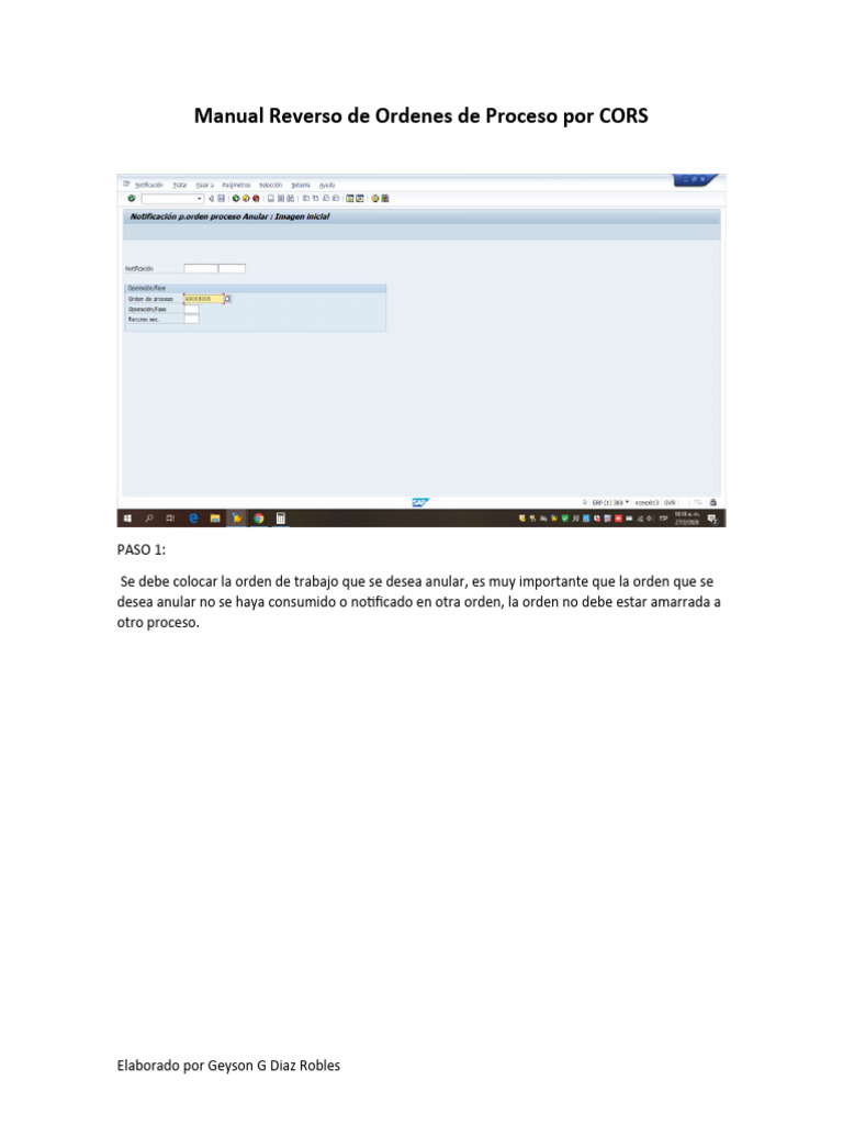 Manual Reverso de Ordenes de Proceso Por CORS SAP | PDF
