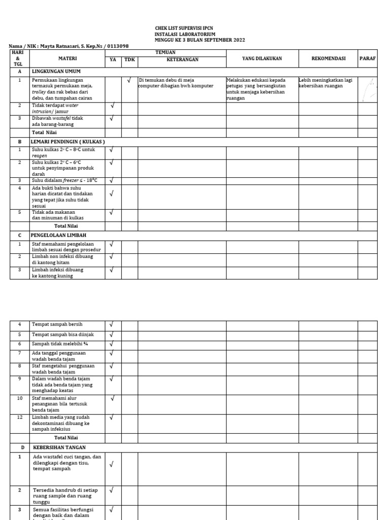 Supervisi Kebersihan Laboratorium | PDF