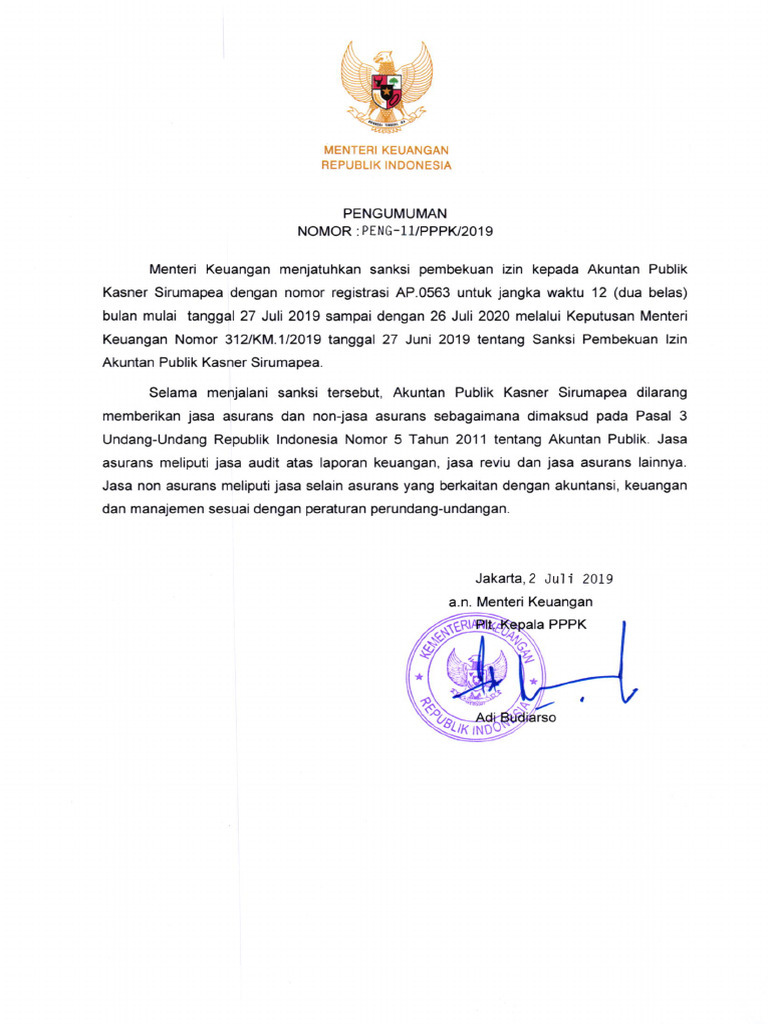 Sanksi Akuntan Publik Kasner Sirumapea AP.0563 Tahun 2019 KAP Tanubrata ...