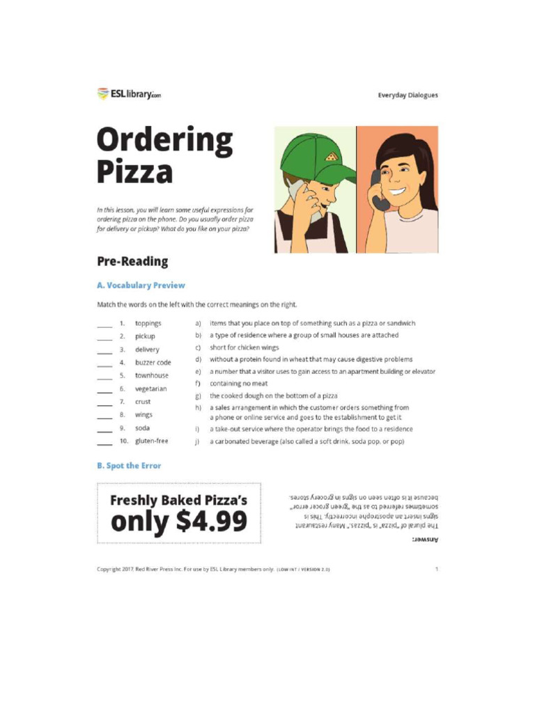 Ordering A Pizza Worksheet | PDF