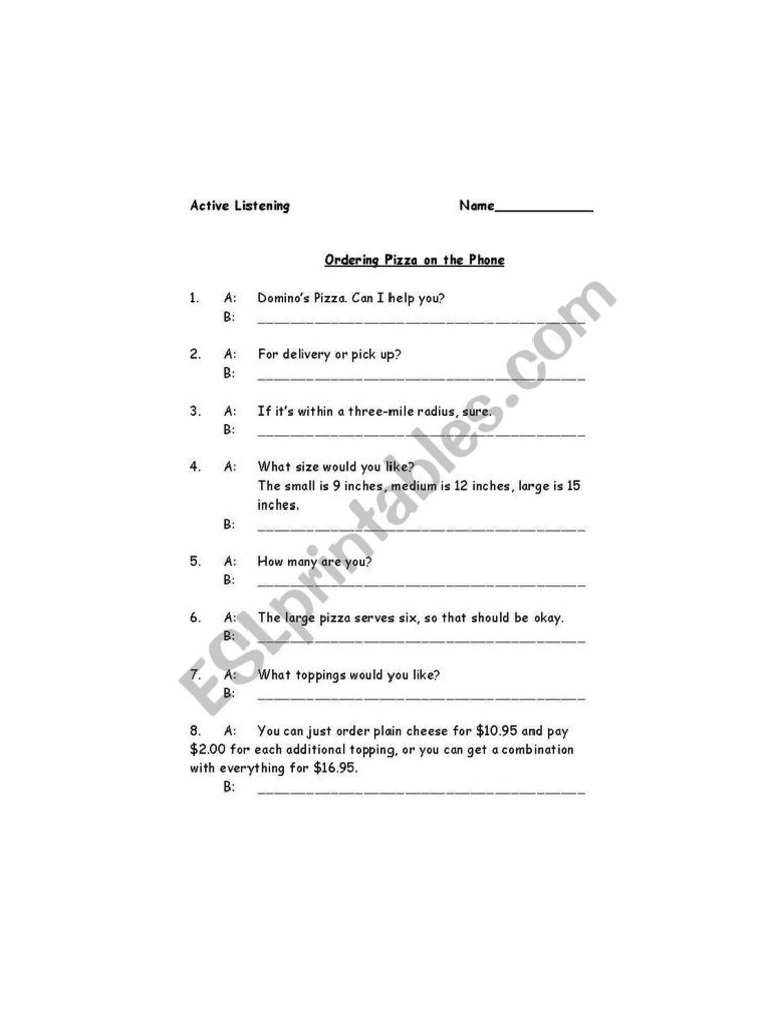 Ordering A Pizza Worksheet 2 | PDF