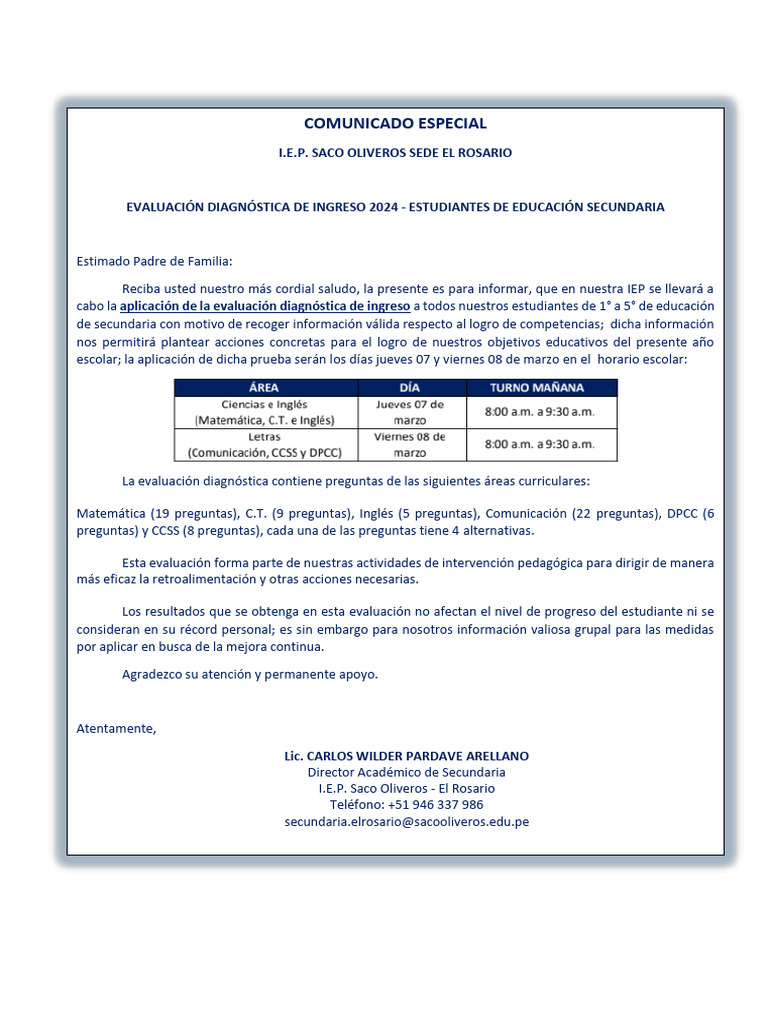 Comunicado Evaluacion Diagnostica Secundaria 2024 | PDF