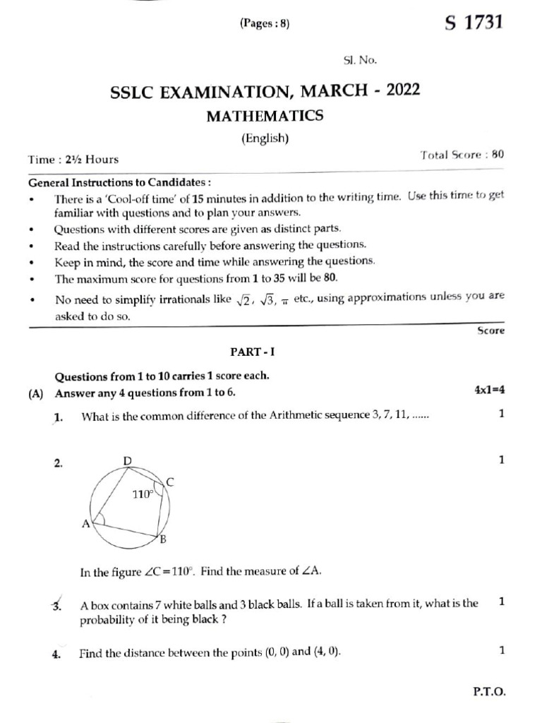 SSLC 2022 Maths Question Paper | PDF | Circle | Area