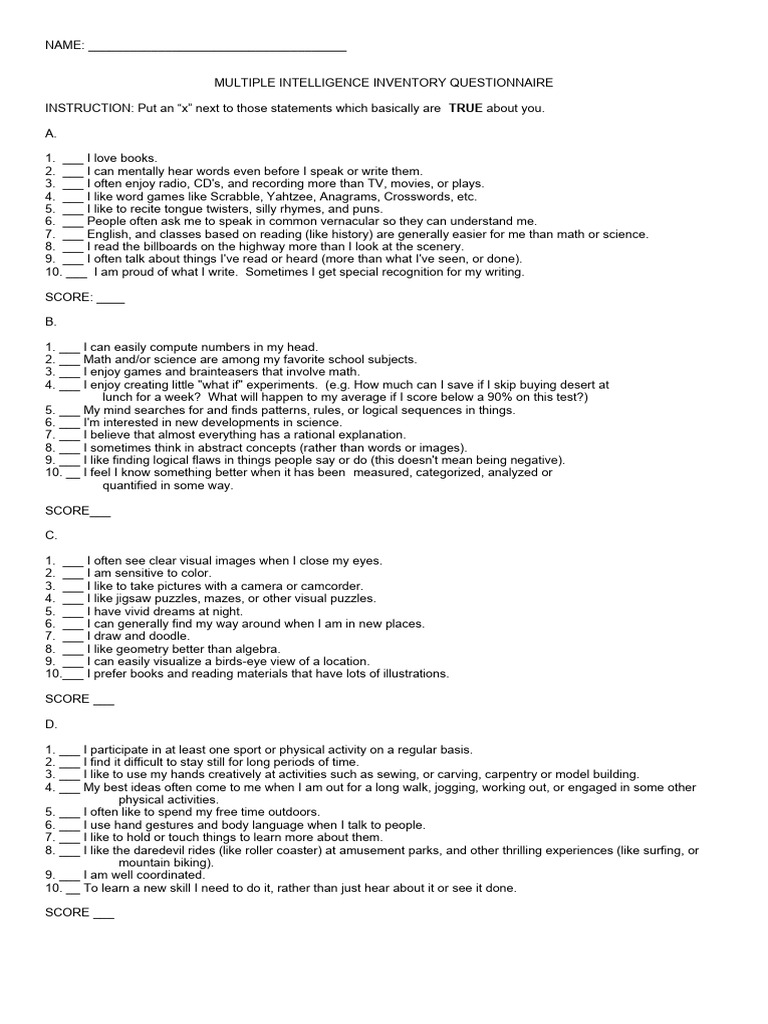 Multiple Intelligence Questionnaire 2 | PDF | Mathematics | Science
