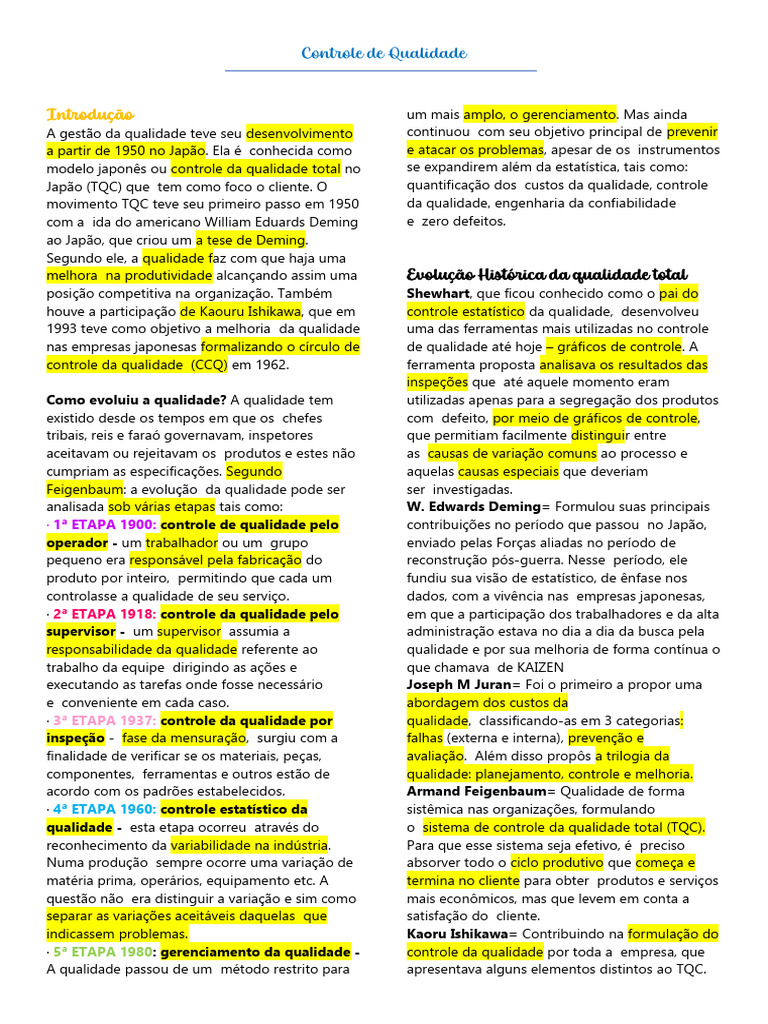 Resumo Controle de Qualidade | PDF