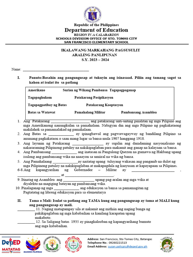 Second Periodical Test 2023-2024 A4 | PDF