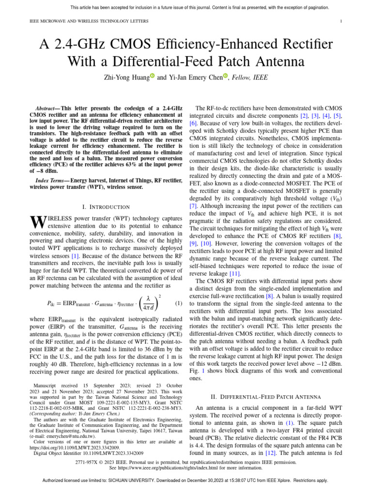 A 2.4-GHz CMOS Efficiency-Enhanced Rectifier With A Differential-Feed Patch Antenna | PDF