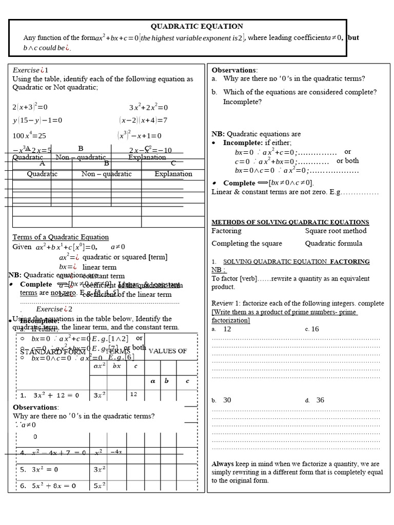 QUADRATIC EQUATION Intervention | PDF | Quadratic Equation | Equations