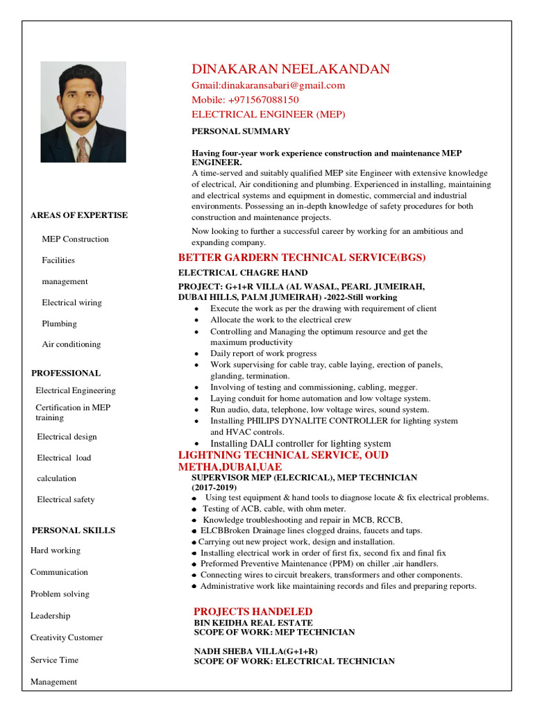 MEP Engineer Dinakaran Neelakandan Bio | PDF | Electrical Engineering | Electricity