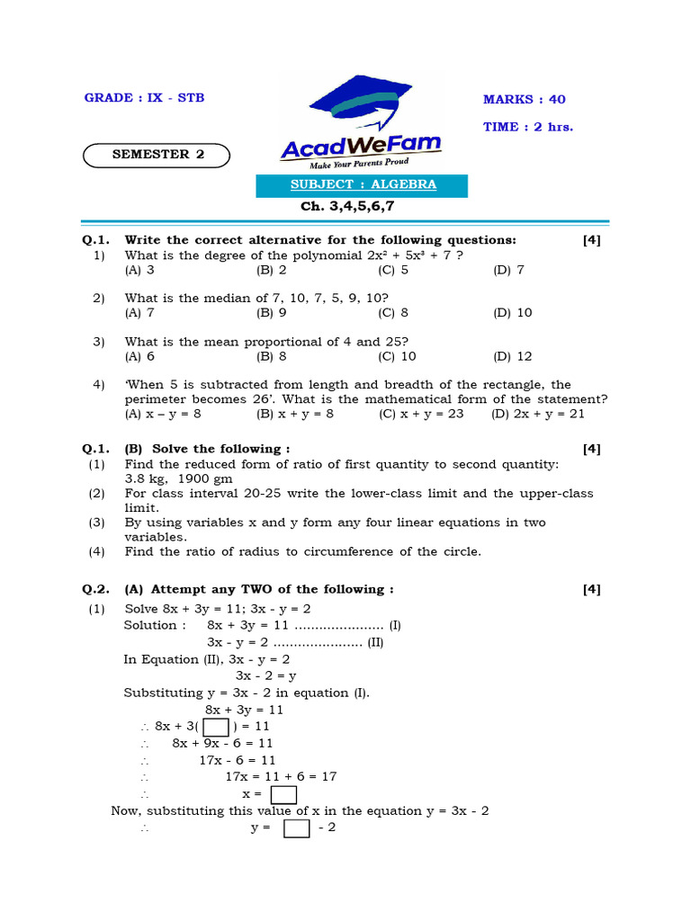 Algebra Exam Paper for Grade IX | PDF | Equations | Algebra