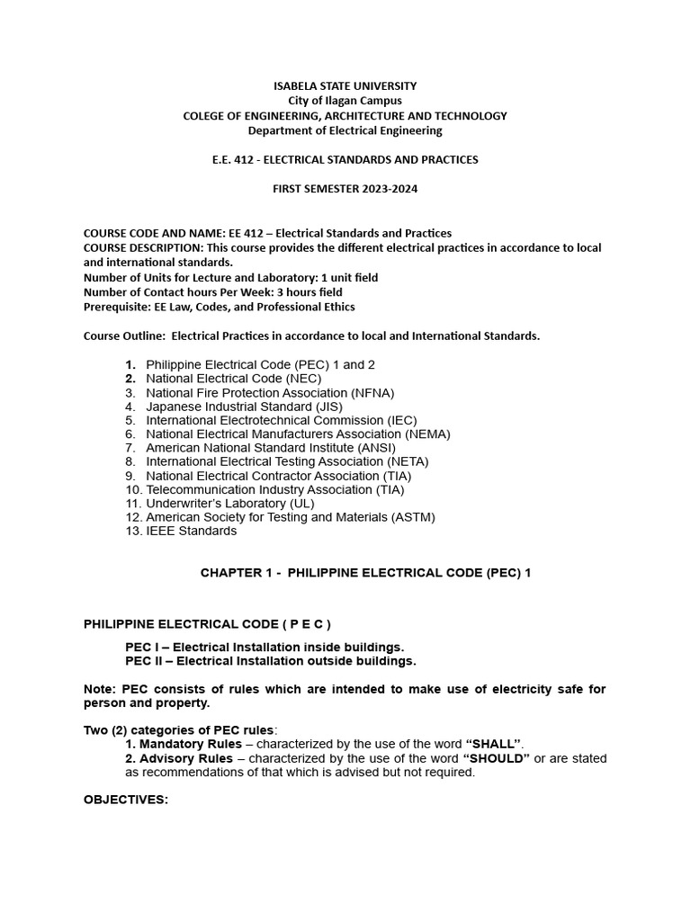 Electrical Standards and Practices PART 1 PEC | PDF | Electrical Wiring ...