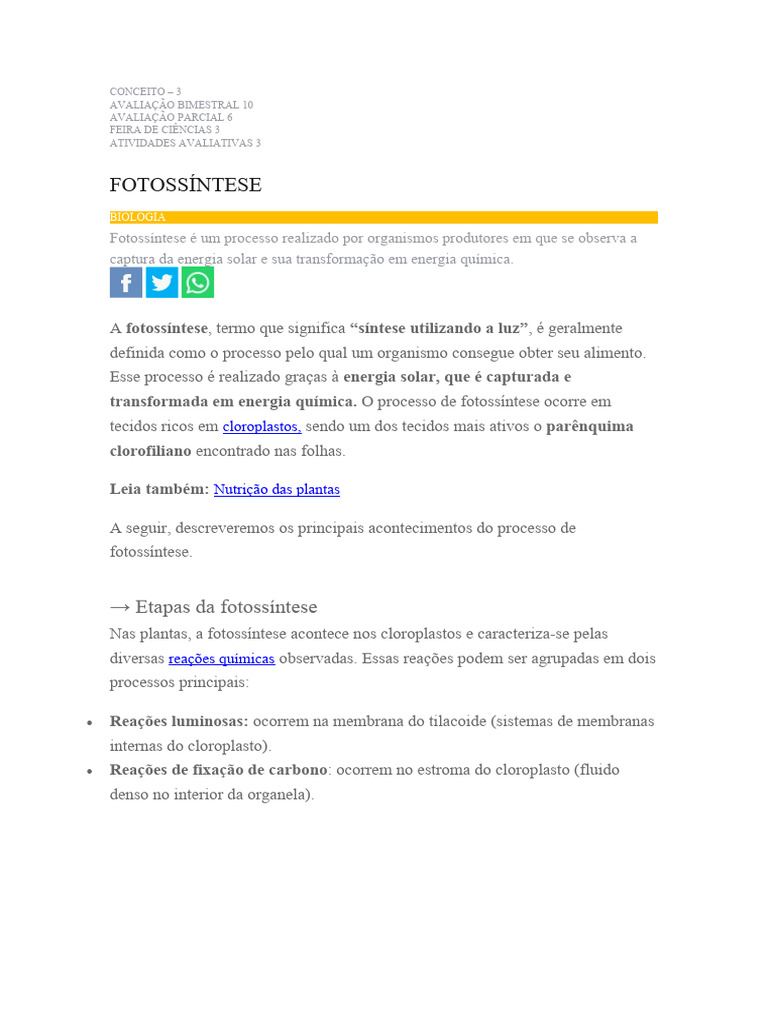 Fotossíntese e Quimiossíntese | PDF