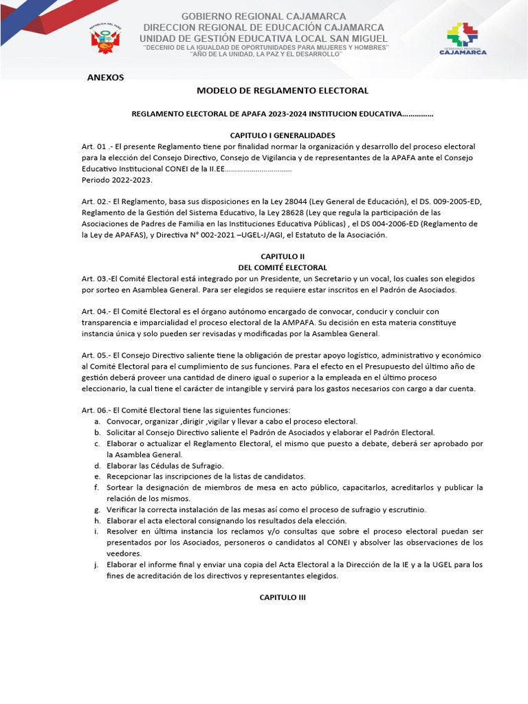 Modelo de Reglamento y Resolucion APAFA | PDF | Votación | Elecciones