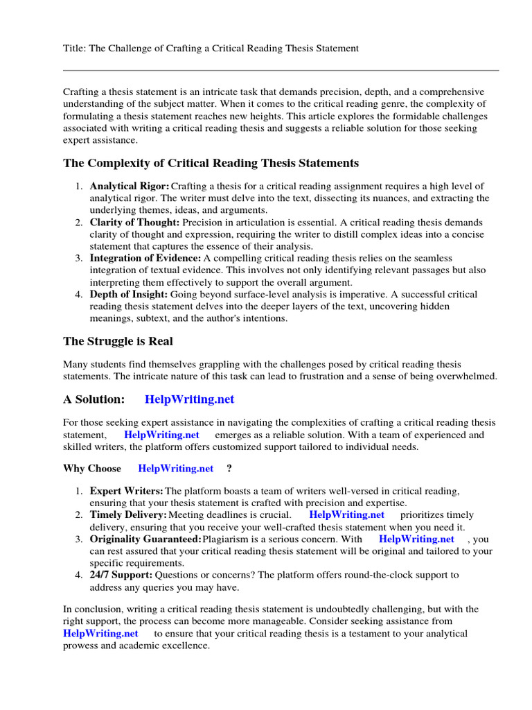 Critical Reading Thesis Statement | PDF | Essays | Argument