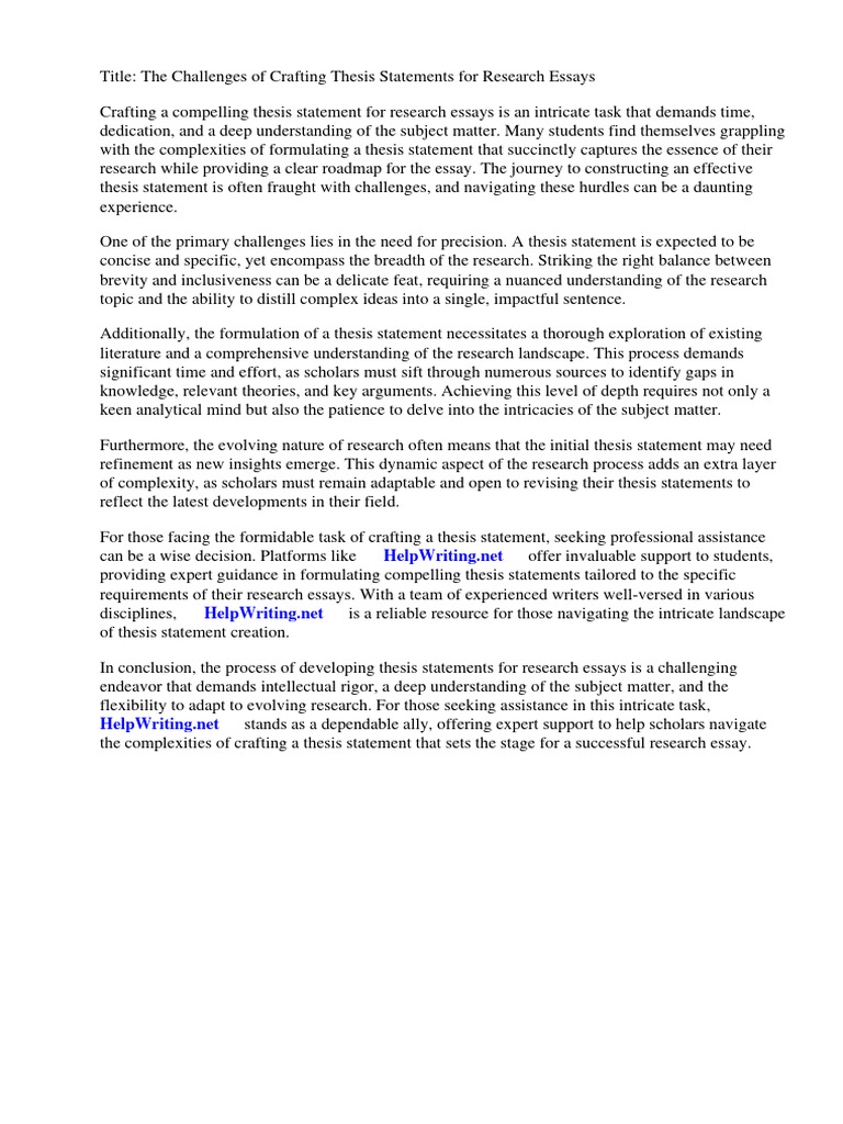 Sample Thesis Statements For Research Essays | PDF | Essays | Thesis