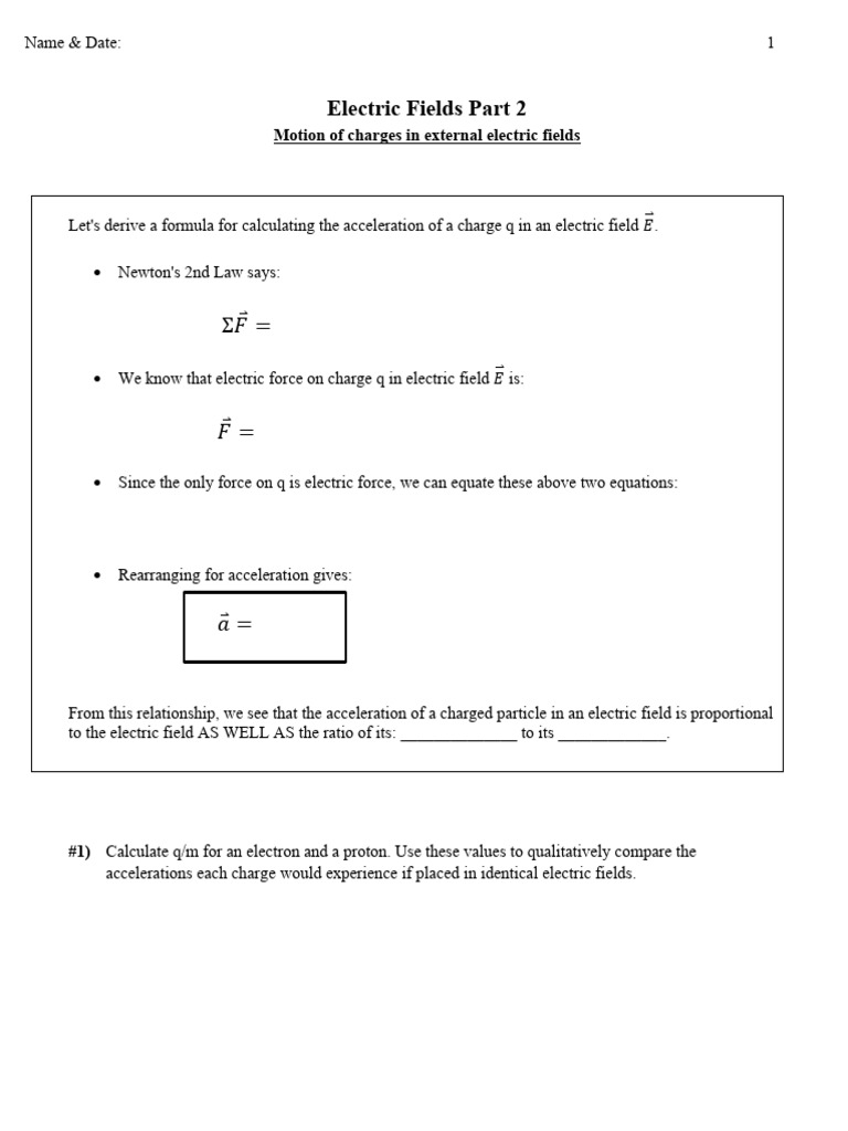 Motion of Charges in Electric Fields | PDF | Electric Field | Acceleration