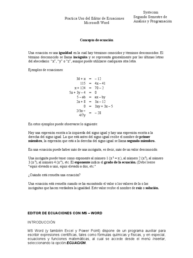 Practica Editor de Ecuaciones | PDF | Fórmula | Ecuaciones